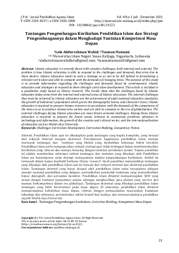 (PDF) Tantangan Pengembangan Kurikulum Pendidikan Islam dan Strategi Pengembangannya dalam ...