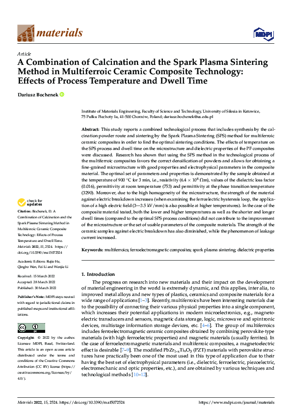 (PDF) A Combination of Calcination and the Spark Plasma Sintering Method in Multiferroic Ceramic ...