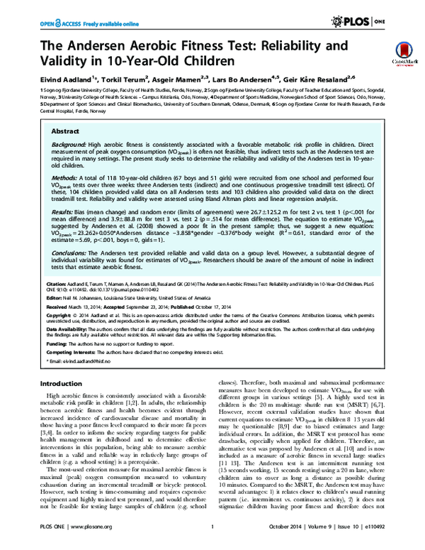 (PDF) The Andersen Aerobic Fitness Test: Reliability and Validity in 10 ...