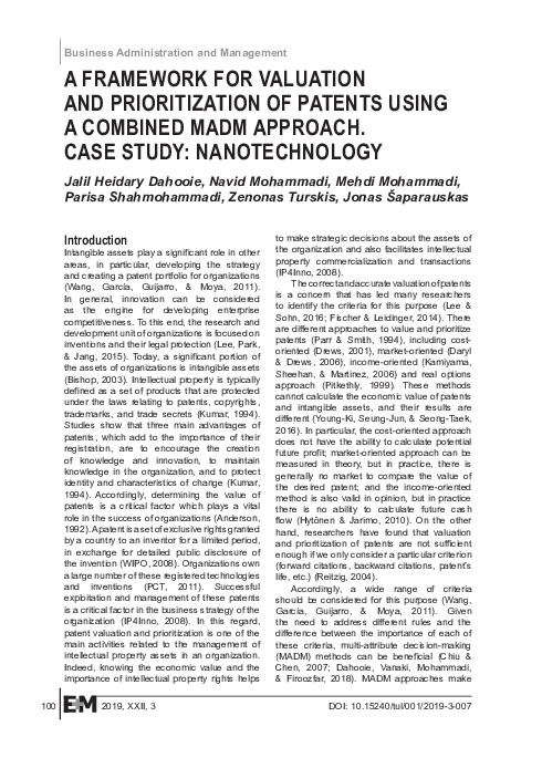(PDF) A Framework for Valuation and Prioritization of Patents Using a Combined MADM Approach ...