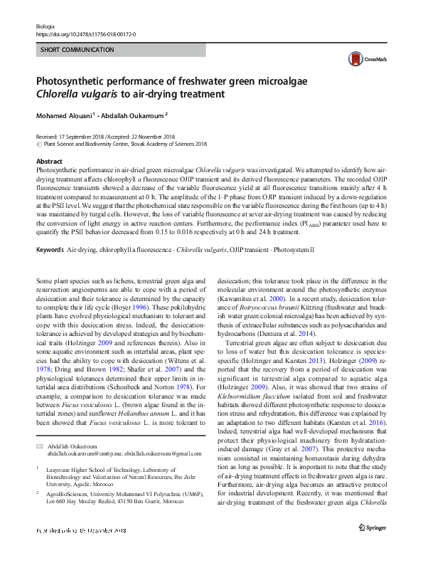 (PDF) Photosynthetic performance of freshwater green microalgae Chlorella vulgaris to air-drying ...