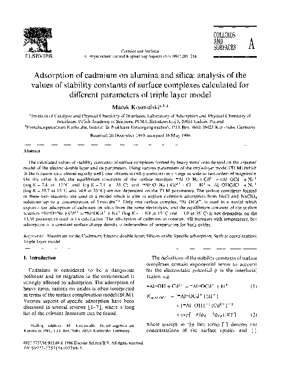 (PDF) Adsorption of cadmium on alumina and silica: analysis of the ...