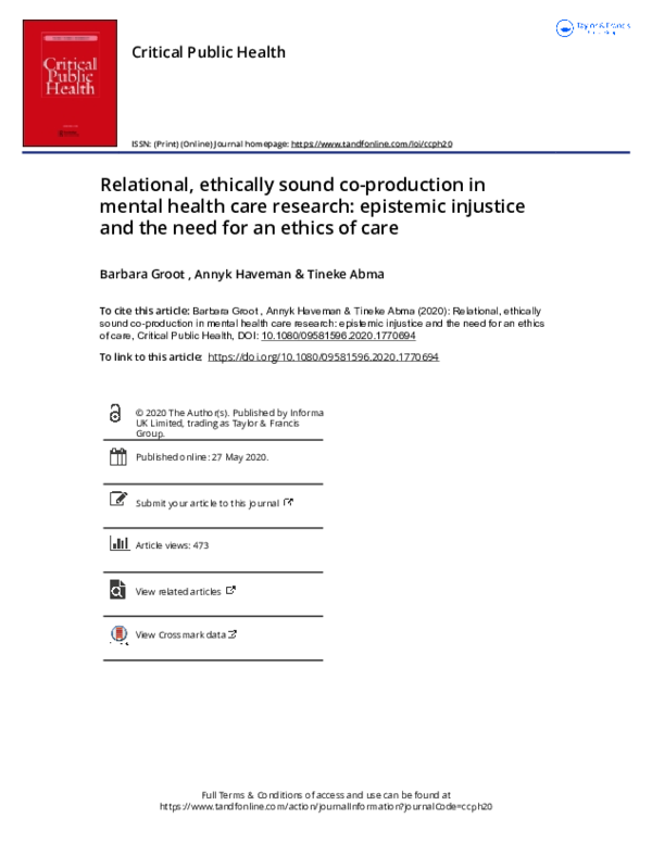 (PDF) Relational, ethically sound co-production in mental health care ...