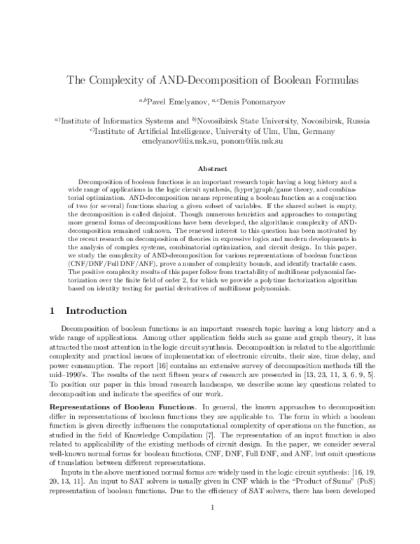 (PDF) The Complexity of AND-Decomposition of Boolean Formulas