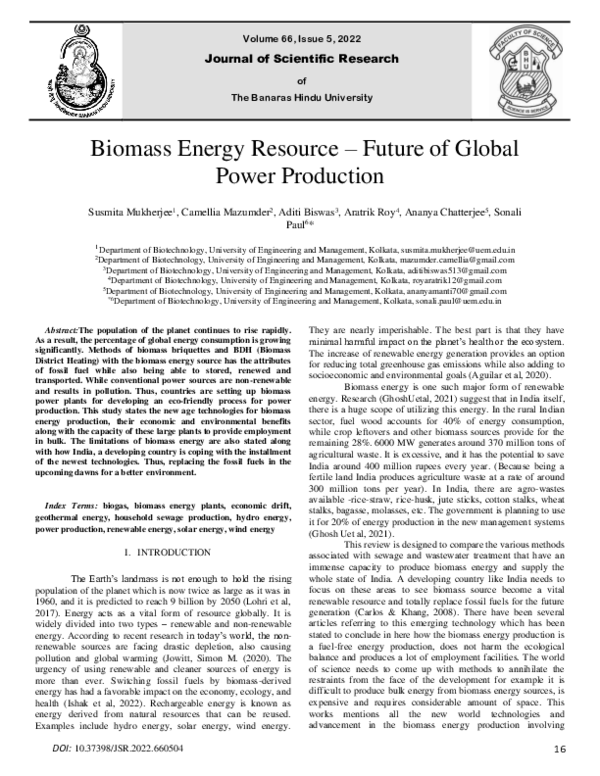 (PDF) Biomass Energy Resource – Future of Global Power Production