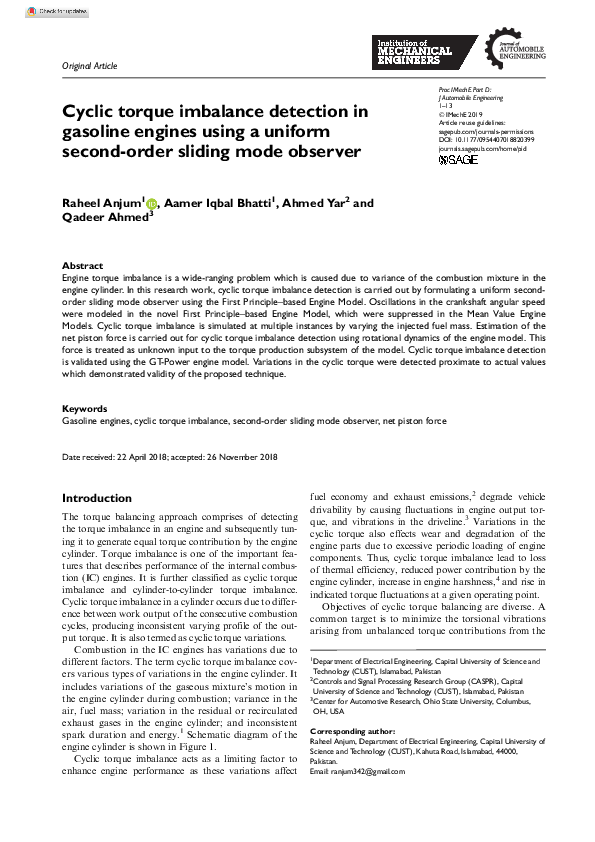 Pdf Cyclic Torque Imbalance Detection In Gasoline Engines Using A Uniform Second Order Sliding
