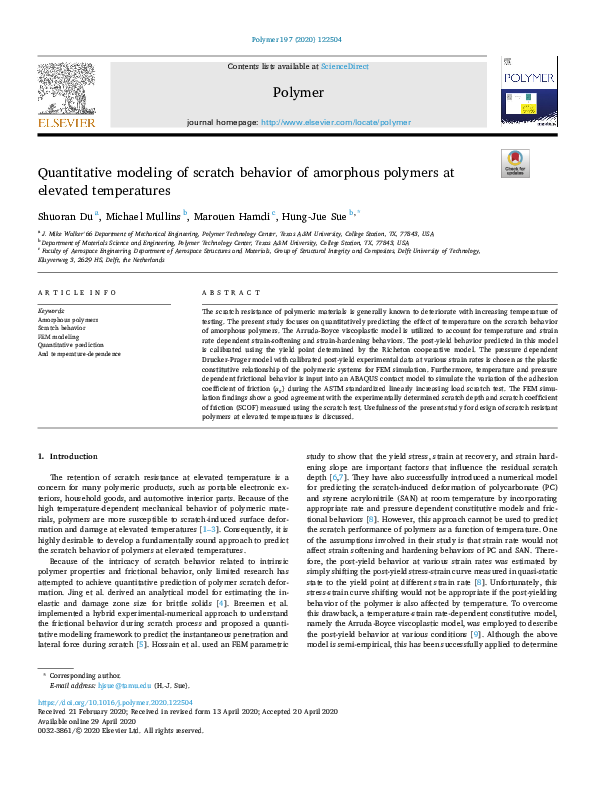 (PDF) Quantitative modeling of scratch behavior of amorphous polymers at elevated temperatures