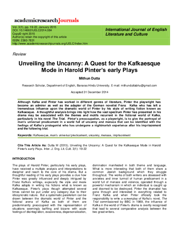 (PDF) Unveiling the Uncanny: A Quest for the Kafkaesque Mode in Harold ...
