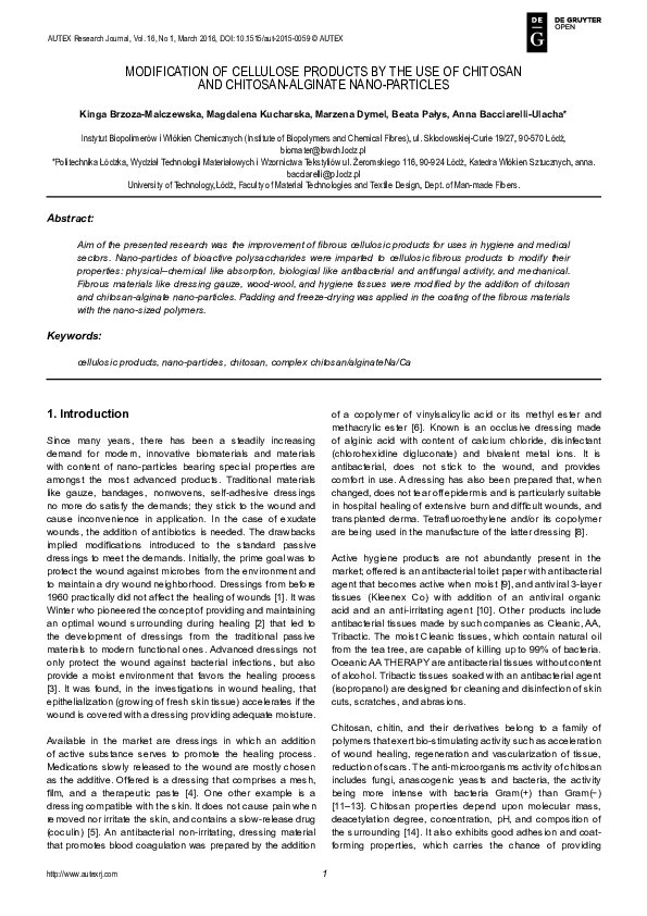 (PDF) Modification of Cellulose Products by the Use of Chitosan and Chitosan-Alginate Nano-Particles
