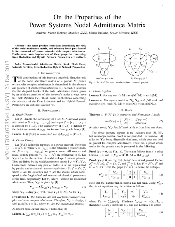(PDF) On the Properties of the Power Systems Nodal Admittance Matrix