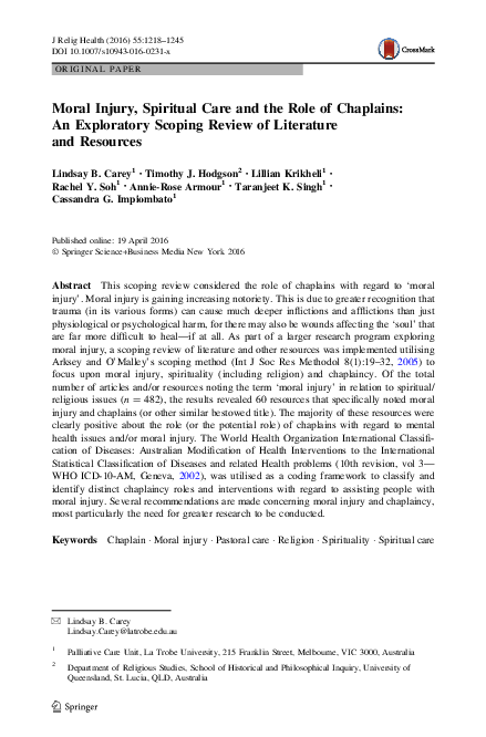 (PDF) Moral Injury, Spiritual Care and the Role of Chaplains: An ...