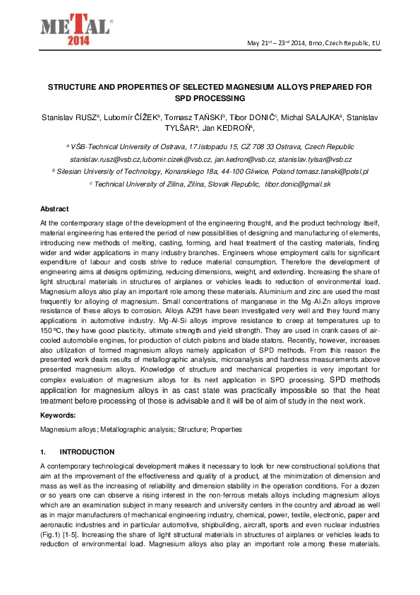 (PDF) Structure and Properties of Selected Magnesium Alloys Prepared ...