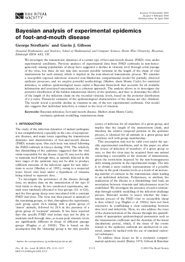 (PDF) Bayesian analysis of experimental epidemics of foot–and–mouth disease