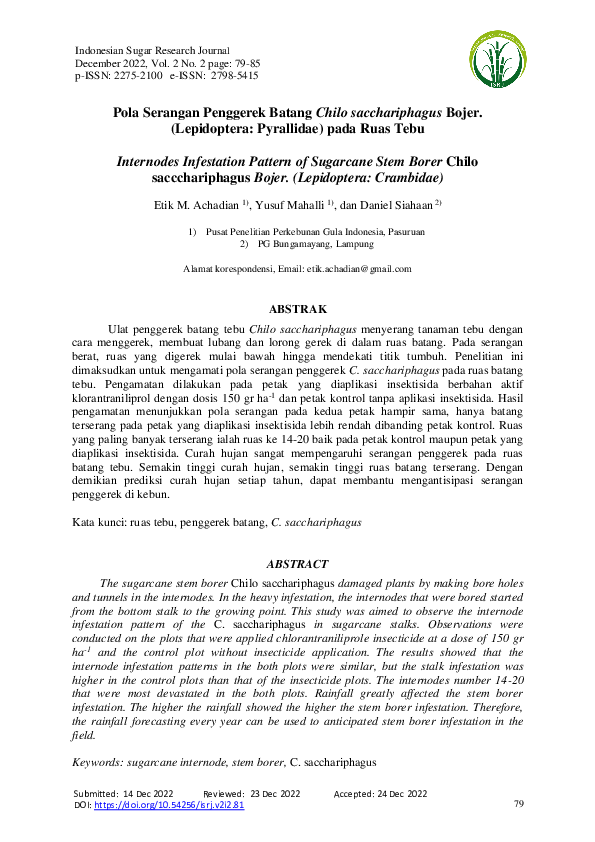 Pola serangan penggerek batang Chilo sacchariphagus Bojer. (Lepidoptera: Pyrallidae) pada ruas tebu