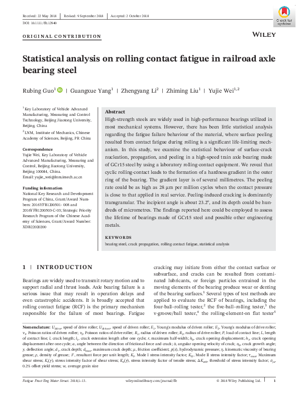 (PDF) Statistical analysis on rolling contact fatigue in railroad axle bearing steel