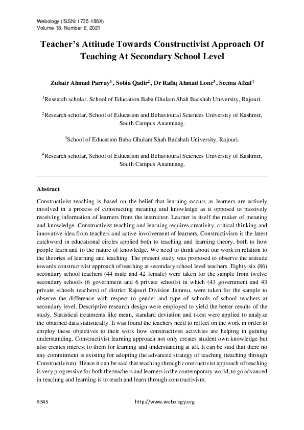 (PDF) Teacher's Attitude Towards Constructivist Approach Of Teaching At Secondary School Level