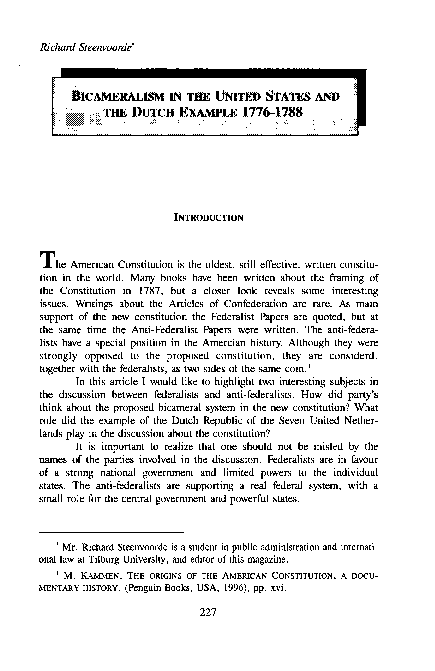 (PDF) Bicameralism in the United States and the Dutch Example 1776-1788