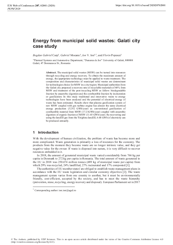 (PDF) Energy from municipal solid wastes: Galati city case study