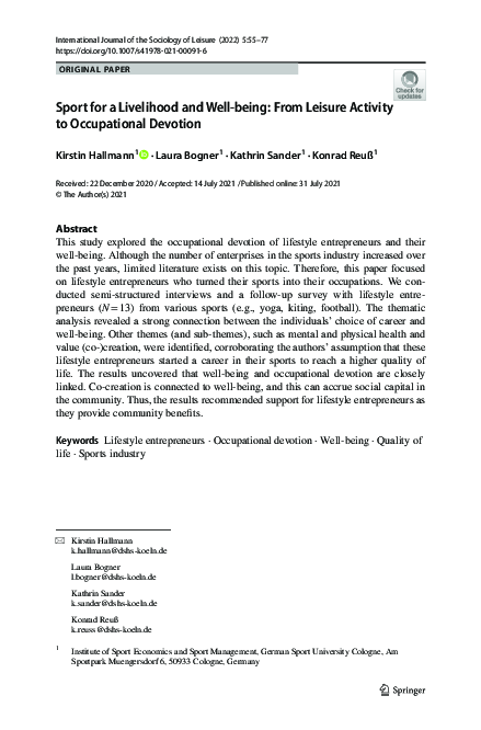 (PDF) Sport for a Livelihood and Well-being: From Leisure Activity to ...