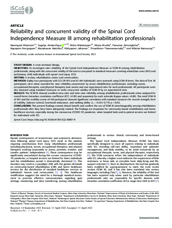(PDF) Reliability and concurrent validity of the Spinal Cord ...