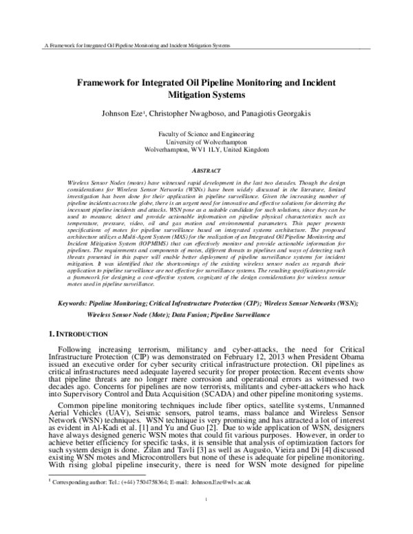 (PDF) Framework for integrated oil pipeline monitoring and incident mitigation systems
