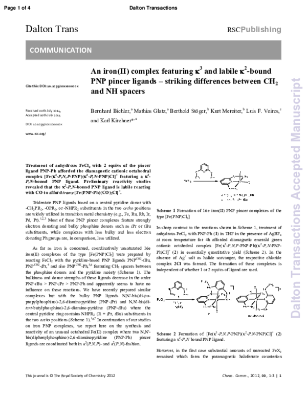 (PDF) An iron(ii) complex featuring κ3 and labile κ2-bound PNP pincer ...