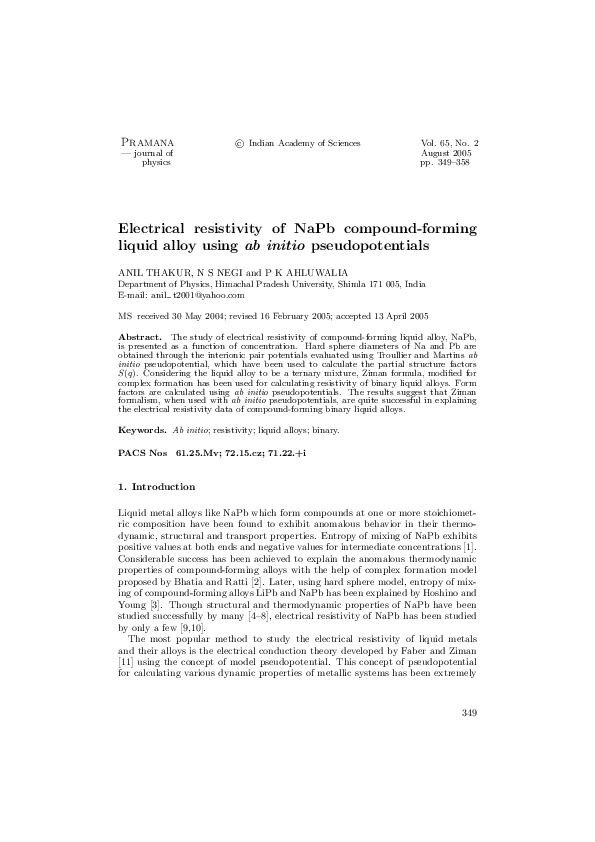 (PDF) Electrical resistivity of NaPb compound-forming liquid alloy using abinitio ...