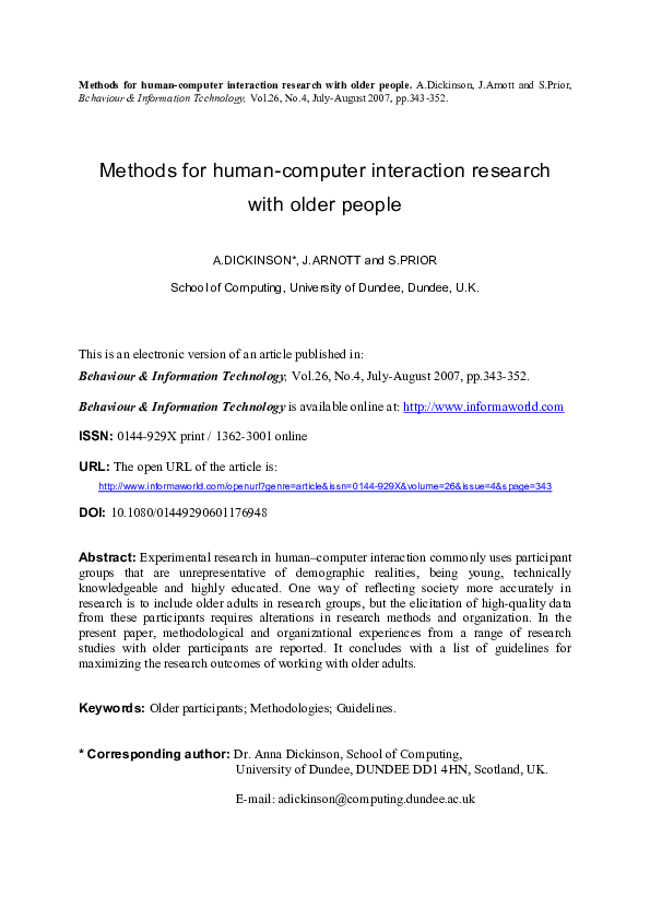 (PDF) Methods for human – computer interaction research with older people
