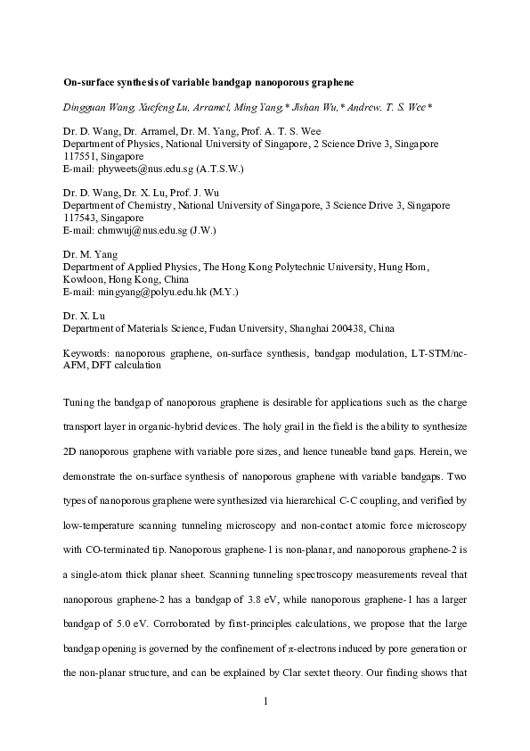 (PDF) On‐Surface Synthesis of Variable Bandgap Nanoporous Graphene | Arramel Arramel - Academia.edu