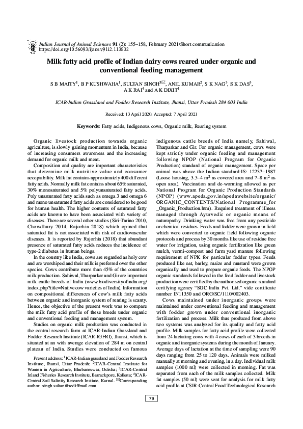 (PDF) Milk fatty acid profile of Indian dairy cows reared under organic ...