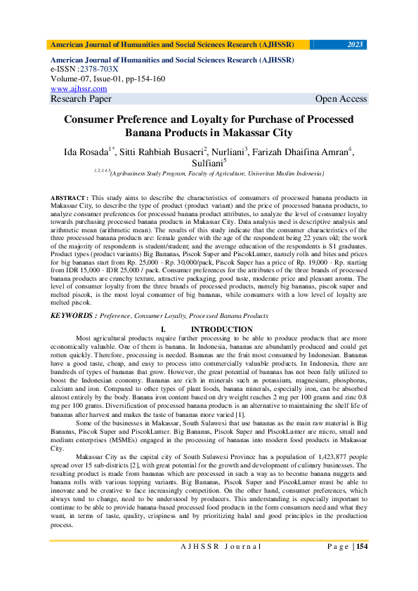 (PDF) Consumer Preference and Loyalty for Purchase of Processed Banana ...