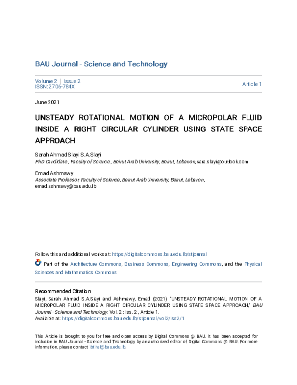 (PDF) Unsteady Rotational Motion of a Micropolar Fluid Inside a Right Circular Cylinder Using ...