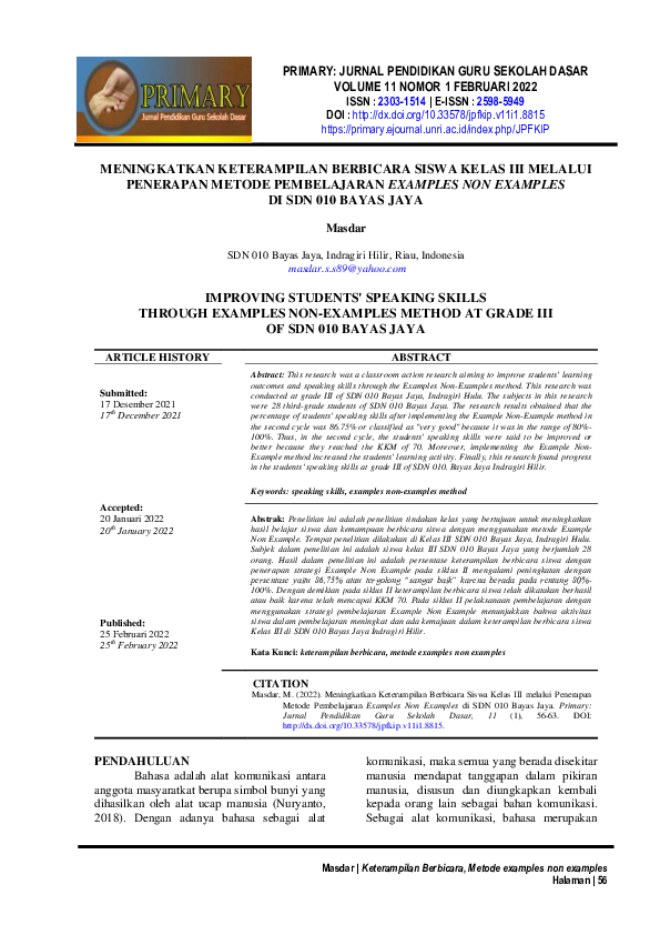 (PDF) Meningkatkan Keterampilan Berbicara Siswa Kelas III Melalui ...