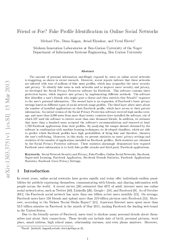 (PDF) Friend or foe? Fake profile identification in online social networks