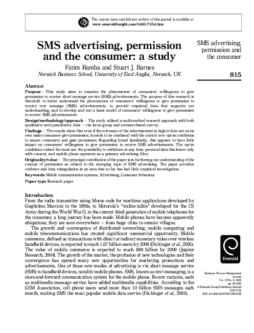 (PDF) SMS advertising, permission and the consumer: a study