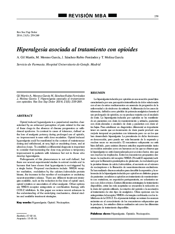 (PDF) Hiperalgesia asociada al tratamiento con opioides