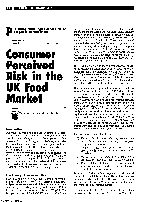 (PDF) Consumer Perceived Risk in the UK Food Market