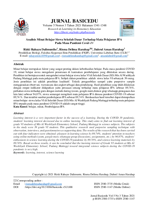 (PDF) Analisis Minat Belajar Siswa Sekolah Dasar Terhadap Mata Pelajaran IPA Pada Masa Pandemi ...