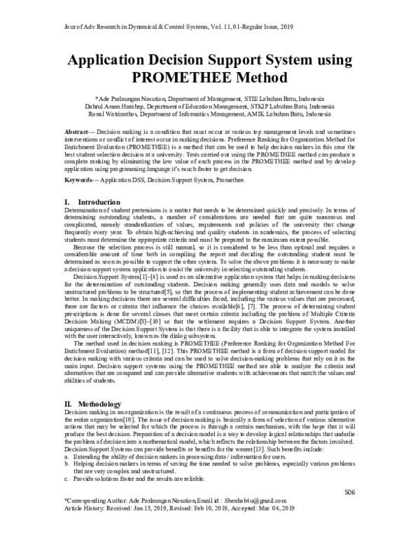 Pdf Application Decision Support System Using Promethee Method Dahrul Harahap