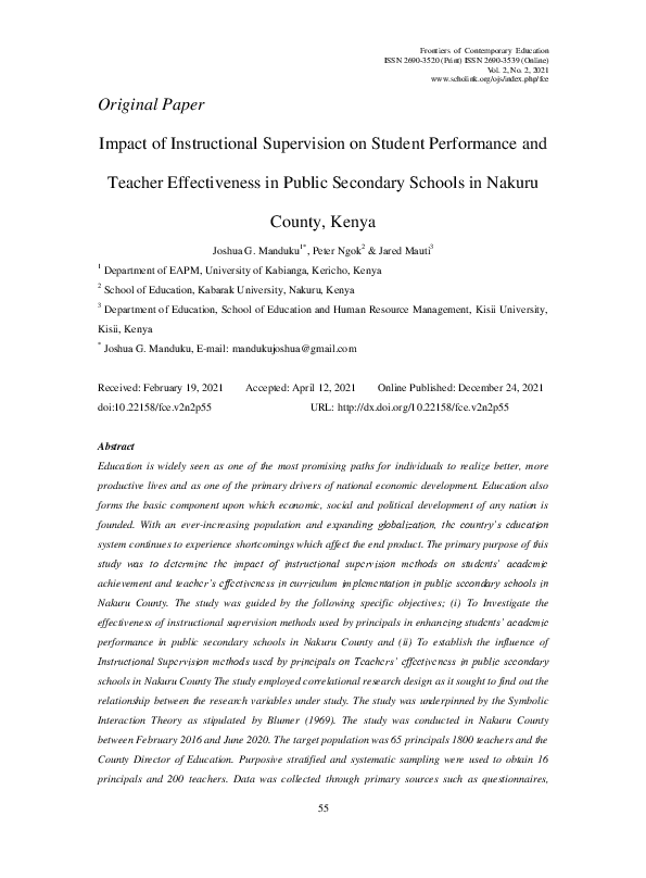(PDF) Impact of Instructional Supervision on Student Performance and Teacher Effectiveness in ...