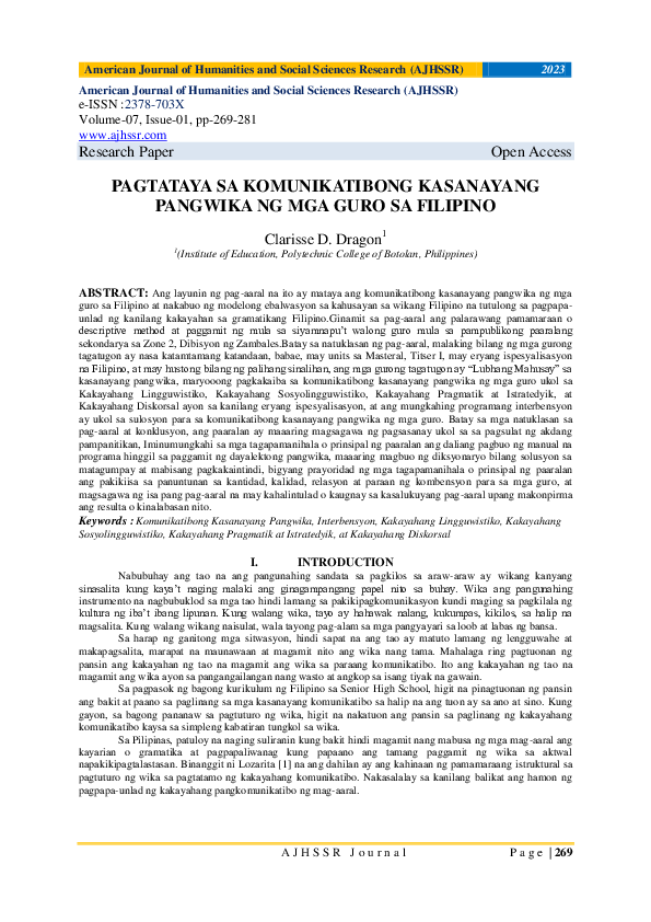 (PDF) PAGTATAYA SA KOMUNIKATIBONG KASANAYANG PANGWIKA NG MGA GURO SA FILIPINO