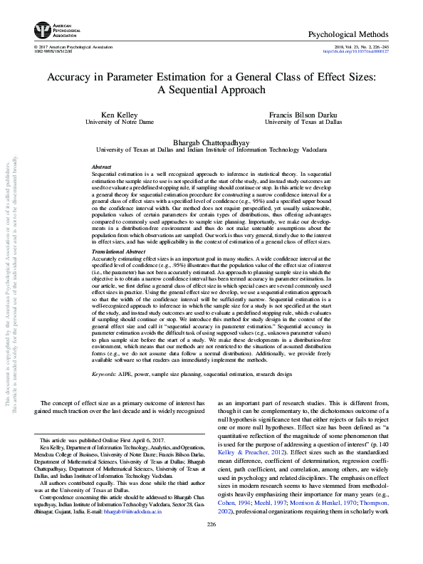 Accuracy In Parameter Estimation For A General Class Of Effect Sizes A 1111