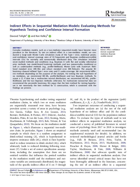 Pdf Indirect Effects In Sequential Mediation Models Evaluating Methods For Hypothesis Testing