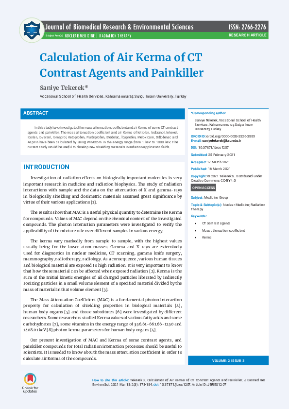 (PDF) Calculation of Air Kerma of CT Contrast Agents and Painkiller | Saniye Tekerek - Academia.edu
