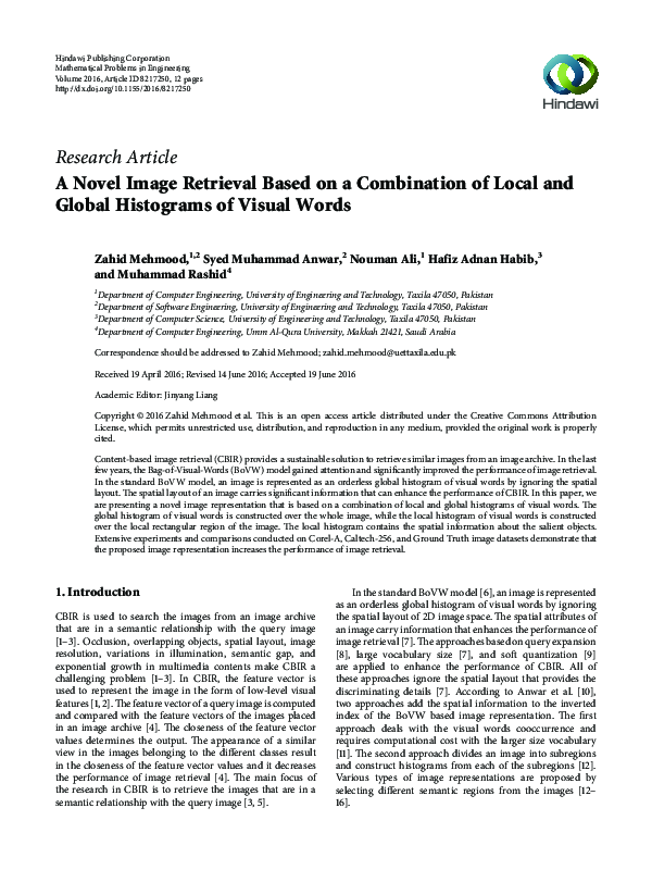 (PDF) A Novel Image Retrieval Based on a Combination of Local and Global Histograms of Visual Words