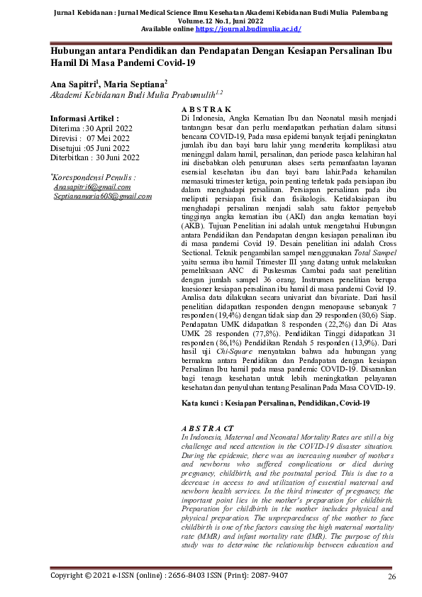 (PDF) Hubungan antara Pendidikan dan Pendapatan Dengan Kesiapan Persalinan Ibu Hamil Di Masa ...