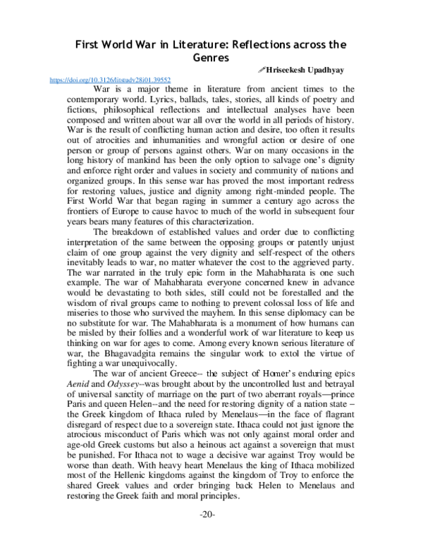 (PDF) First World War in Literature: Reflections across the Genres