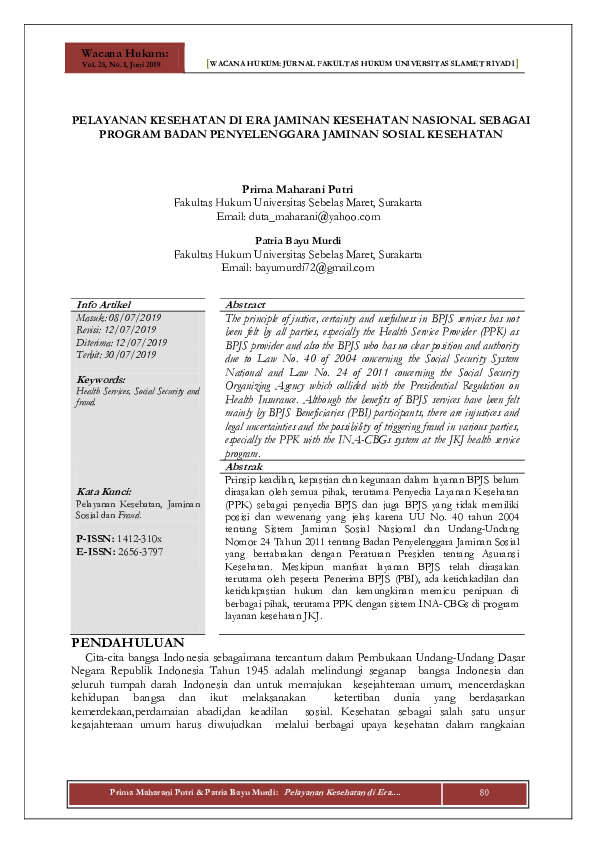 (PDF) Pelayanan Kesehatan DI Era Jaminan Kesehatan Nasional Sebagai Program Badan Penyelenggara ...