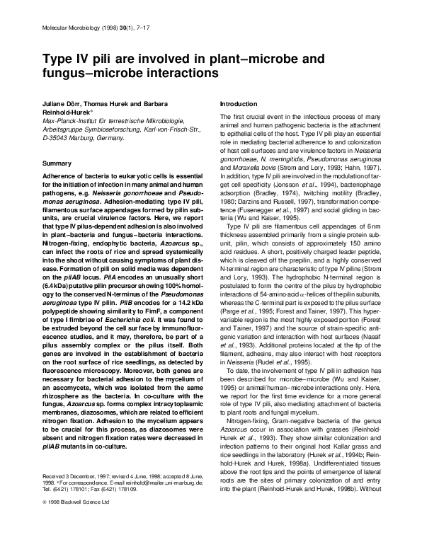 Pdf Type Iv Pili Are Involved In Plant Microbe And Fungus Microbe