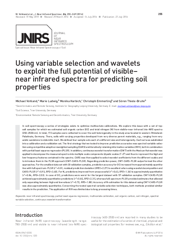 Pdf Using Variable Selection And Wavelets To Exploit The Full Potential Of Visiblenear